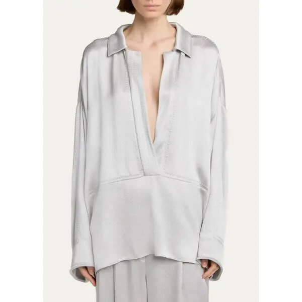 Giorgio Armani Hammered Satin Plunging Collared Shirt