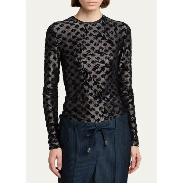 Giorgio Armani Floral Metallic Burnout Long-sleeve Top