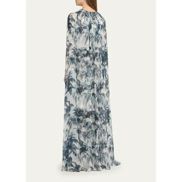 Oscar De La Renta Palm-print Silk Cape-sleeve Gown