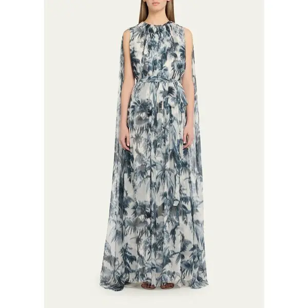 Oscar De La Renta Palm-print Silk Cape-sleeve Gown