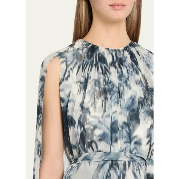 Oscar De La Renta Palm-print Silk Cape-sleeve Gown