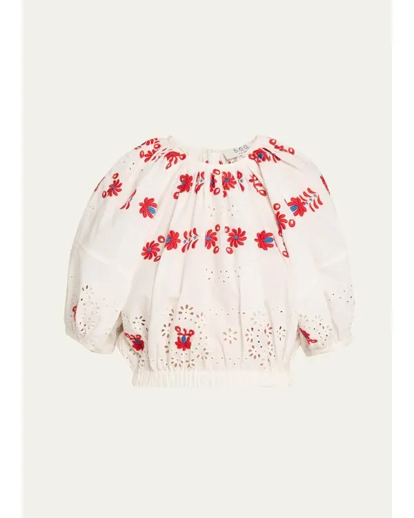 Sea Catharina Embroidered Bubble Crop Top - Cream