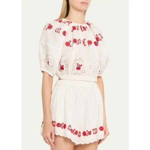 Sea Catharina Embroidered Bubble Crop Top - Cream
