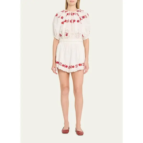 Sea Catharina Embroidered Bubble Crop Top - Cream