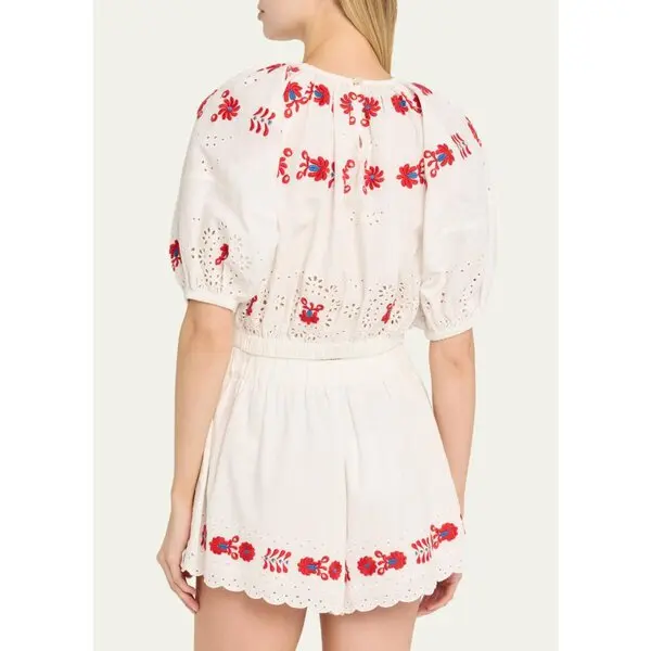 Sea Catharina Embroidered Bubble Crop Top - Cream