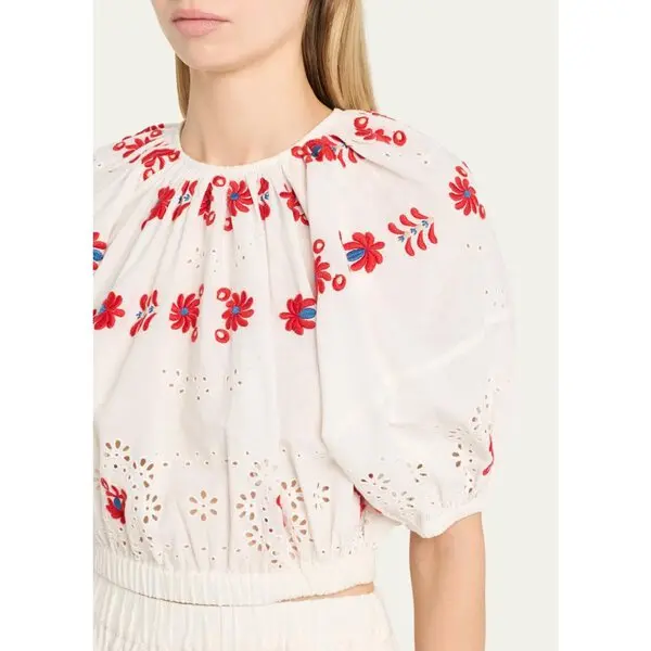 Sea Catharina Embroidered Bubble Crop Top - Cream