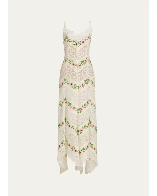 Oscar De La Renta Sleeveless Chine Hibiscus Floral Chevron Maxi Dress - Ivory