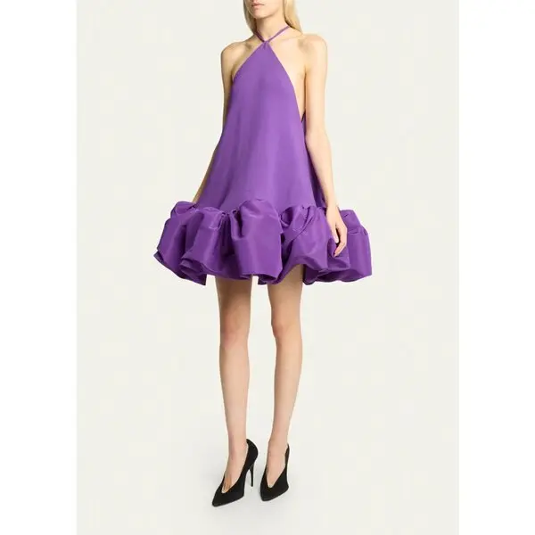 Balenciaga Silk Balloon Ruffle Mini Halter Dress