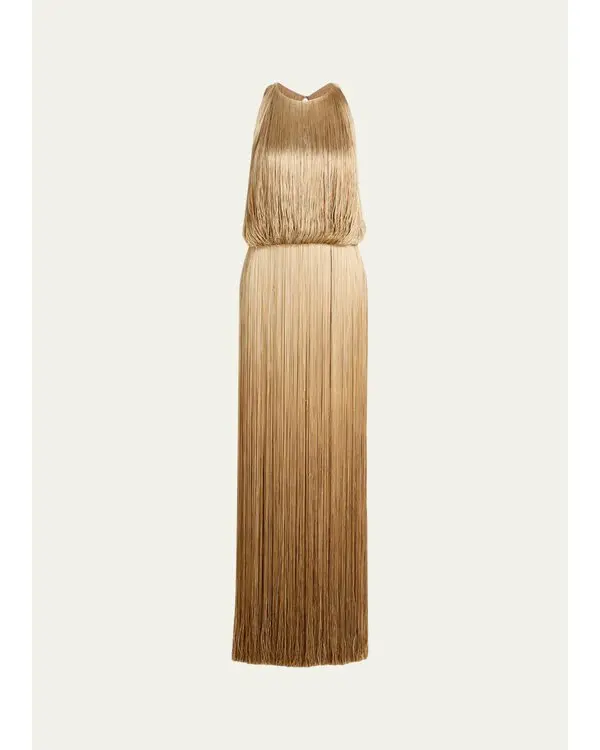 Oscar De La Renta Sleeveless Ombre Fringe Maxi Dress - Oyster