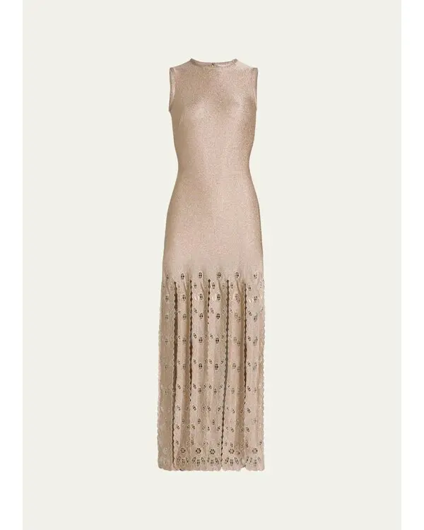 Oscar De La Renta Sleeveless Metallic Jersey Embroidered Fringe Maxi Dress - Platinum
