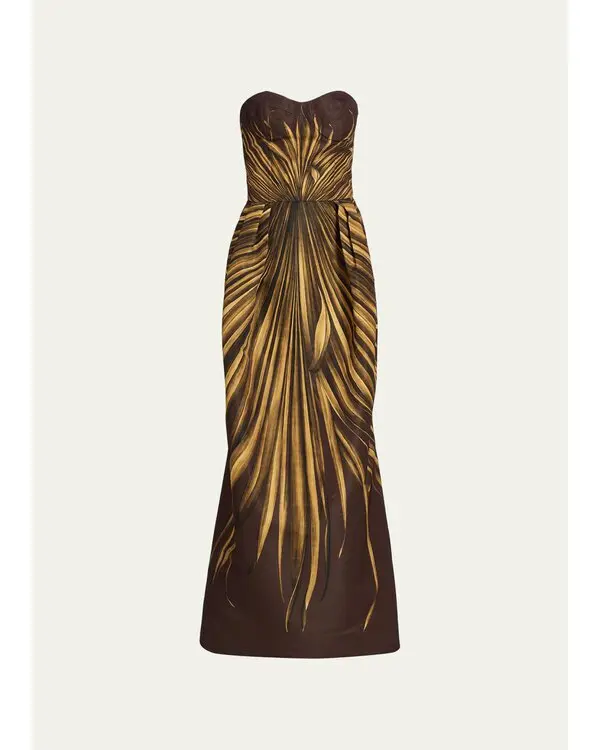 Oscar De La Renta Palm Faille Sleeveless Bustier Gown - Brown