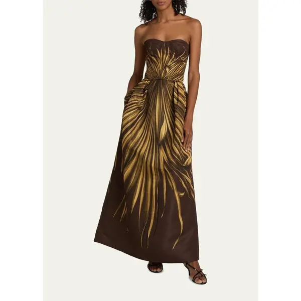 Oscar De La Renta Palm Faille Sleeveless Bustier Gown