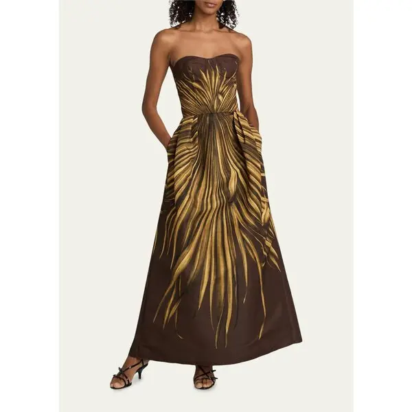 Oscar De La Renta Palm Faille Sleeveless Bustier Gown