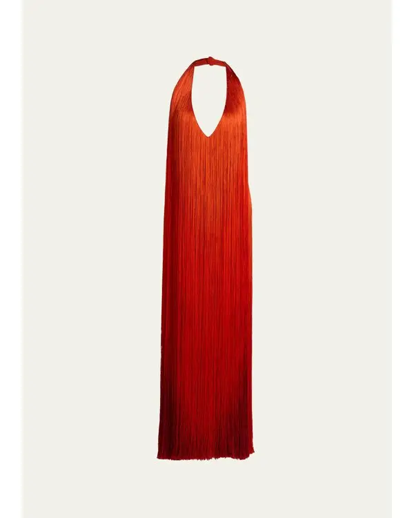 Oscar De La Renta Sleeveless Fringed Plunging Halter Gown - Paprika