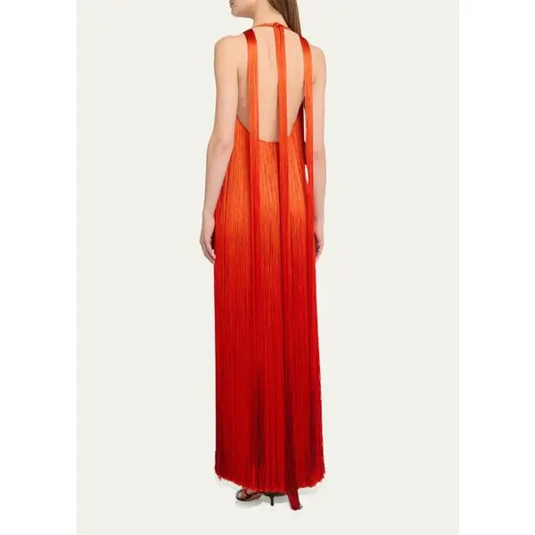 Oscar De La Renta Sleeveless Fringed Plunging Halter Gown