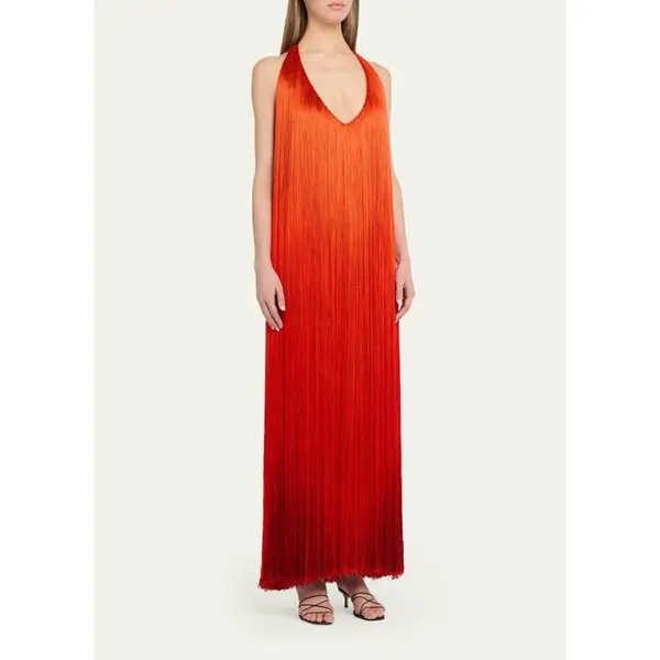 Oscar De La Renta Sleeveless Fringed Plunging Halter Gown