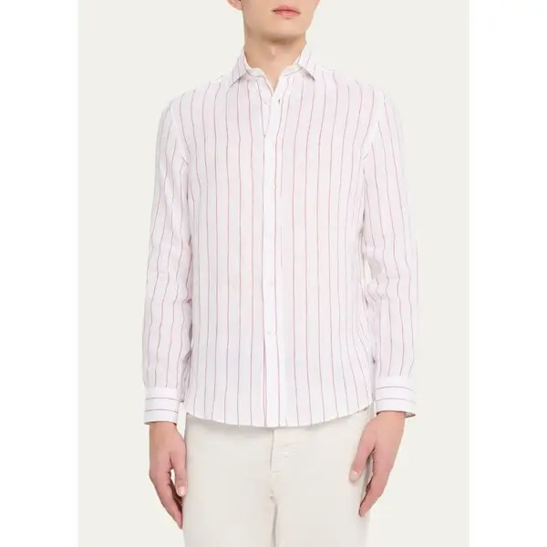Brunello Cucinelli Linen Pinstripe Spread Collar Button-down Shirt