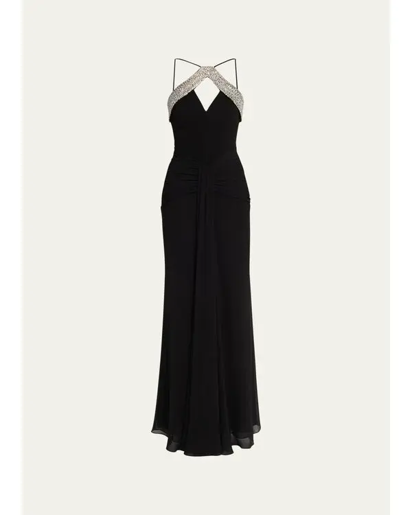 Rebecca Vallance Astros Draped Crystal-trim Halter Gown - Black
