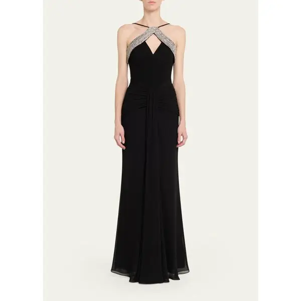 Rebecca Vallance Astros Draped Crystal-trim Halter Gown