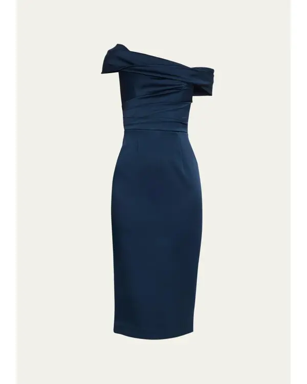 Rebecca Vallance Lessa Asymmetric Draped Midi Dress - Navy