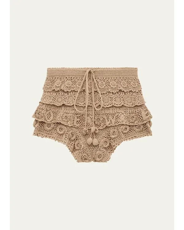 Loewe X Paula's Ibiza Tiered Ruffle Crochet Pull-on Shorts