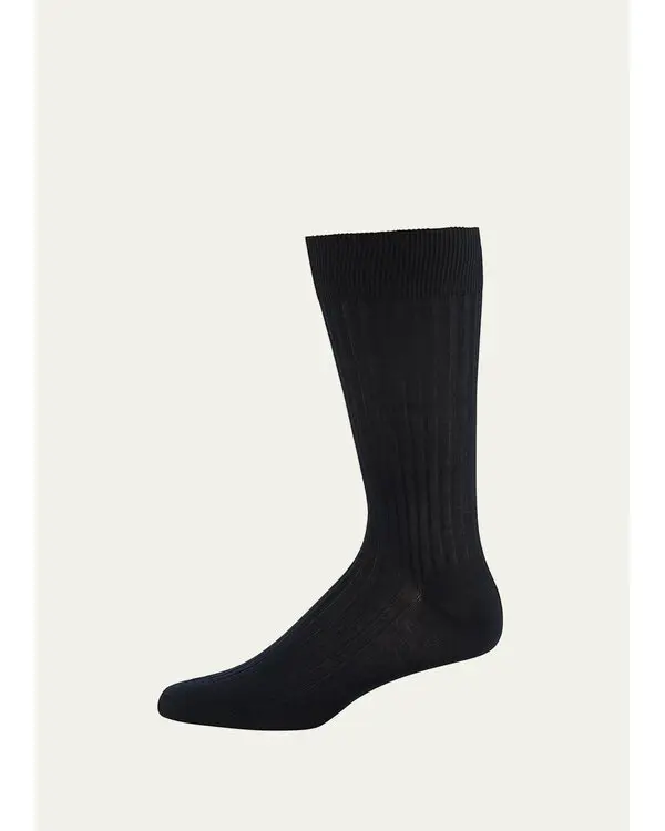 Pantherella Danvers Ribbed Cotton Mid-calf Socks - Navy