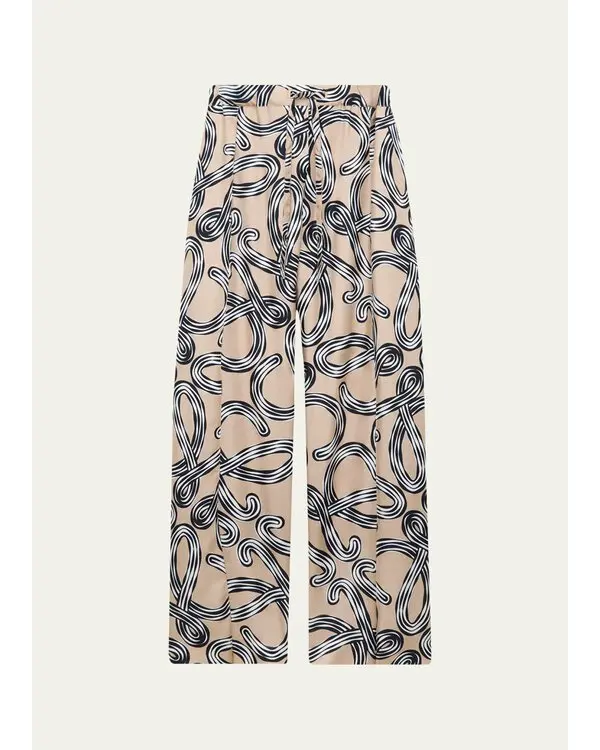 Loewe X Paula's Ibiza Abstract-print Silk Wide-leg Pull-on Trousers - Beige/black