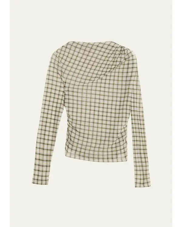 Veronica Beard Nuvina Draped Plaid Mesh Top - Loden Multi
