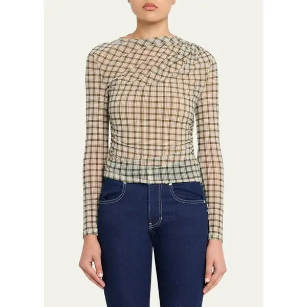 Veronica Beard Nuvina Draped Plaid Mesh Top - Loden Multi
