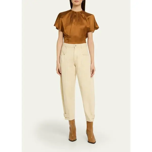 Isabel Marant Étoile Sakine Pleated Short-sleeve Satin Top - Caramel
