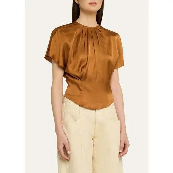 Isabel Marant Étoile Sakine Pleated Short-sleeve Satin Top - Caramel