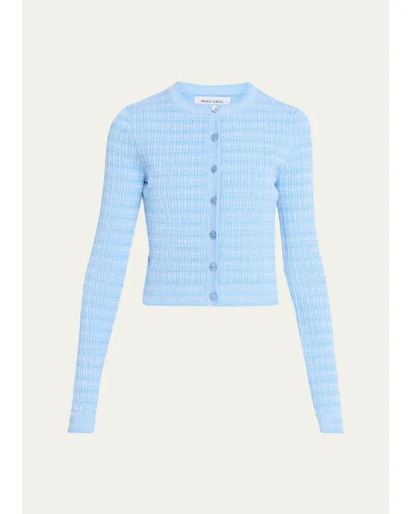 Prabal Gurung Striped Rib Knit Fitted Crewneck Cardigan - Light Blue