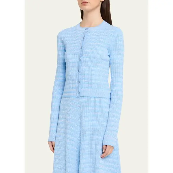 Prabal Gurung Striped Rib Knit Fitted Crewneck Cardigan - Light Blue