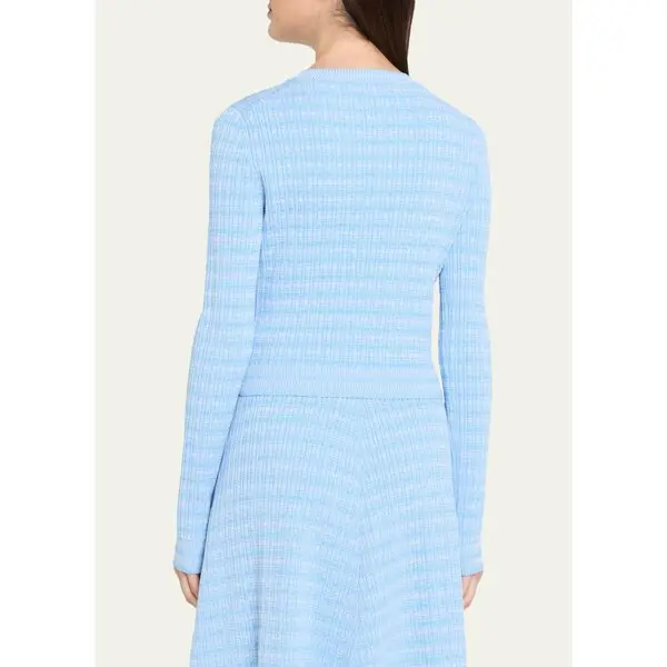 Prabal Gurung Striped Rib Knit Fitted Crewneck Cardigan - Light Blue