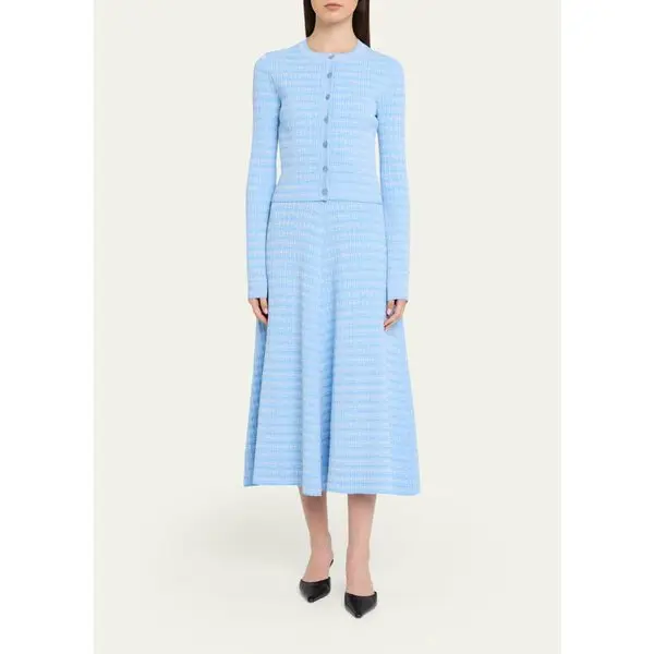 Prabal Gurung Striped Rib Knit Fitted Crewneck Cardigan - Light Blue