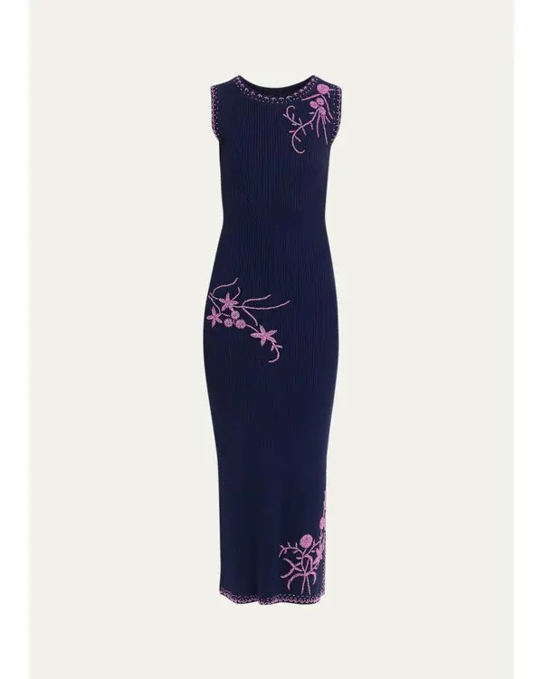 Prabal Gurung Floral Bead Embroidered Rib Knit Midi Dress