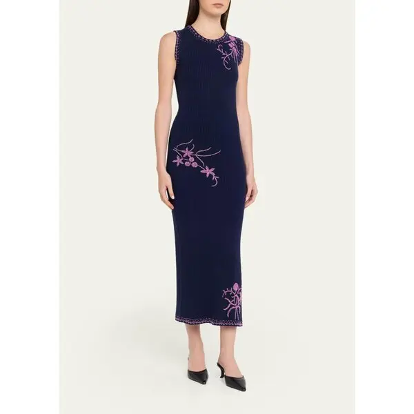 Prabal Gurung Floral Bead Embroidered Rib Knit Midi Dress