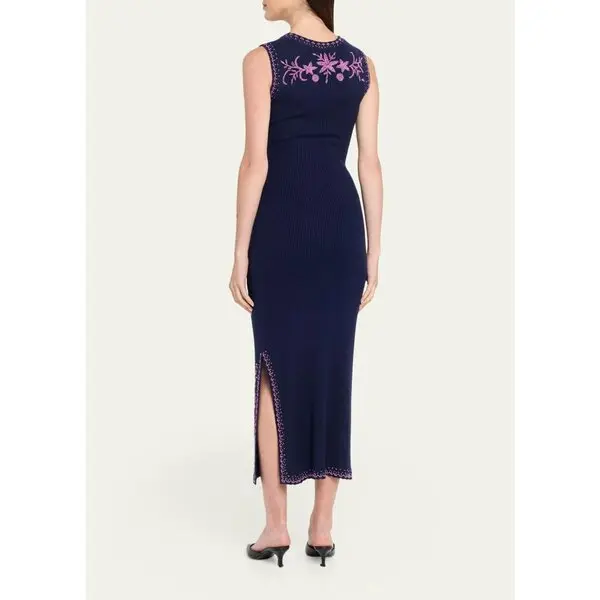 Prabal Gurung Floral Bead Embroidered Rib Knit Midi Dress