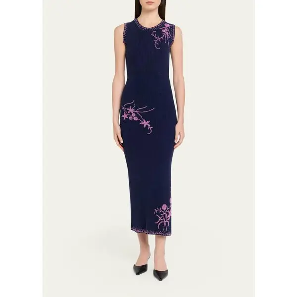 Prabal Gurung Floral Bead Embroidered Rib Knit Midi Dress