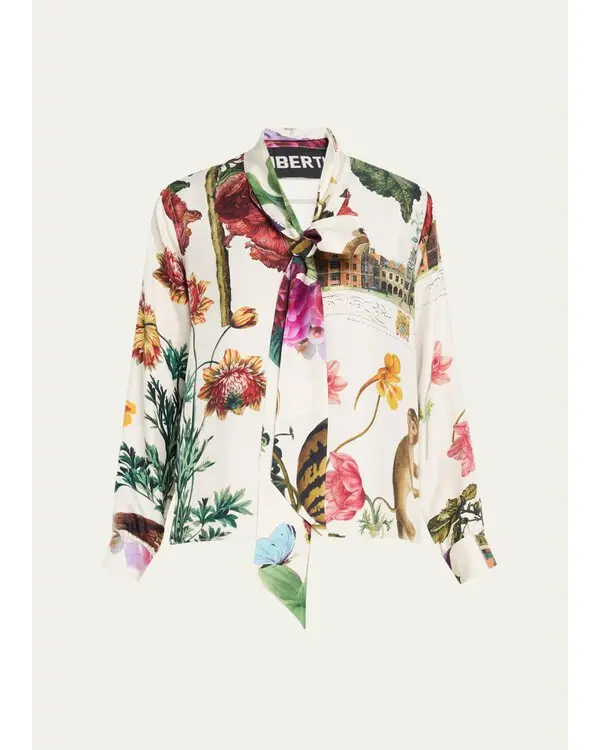 Libertine Hollyhock Floral Silk Slim Tie Keith Blouse - Cream Multi
