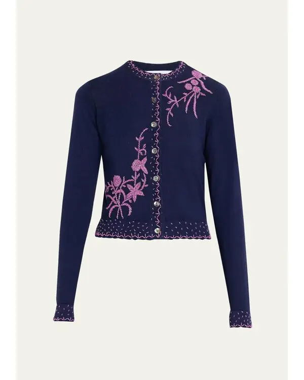 Prabal Gurung Embroidered Silk-cashmere Crewneck Cardigan - Navy