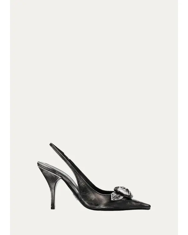 Prada 95mm Rosette Distressed Leather Slingback Pumps