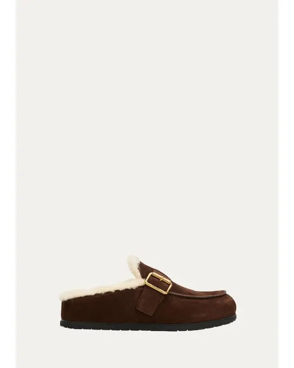 Prada Shearling-lined Suede Buckle Clogs - Moro