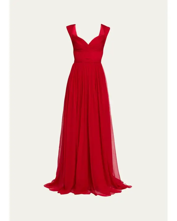 Pamella Roland Sleeveless Ruched Chiffon Cape Gown - Red