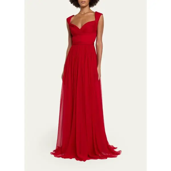 Pamella Roland Sleeveless Ruched Chiffon Cape Gown