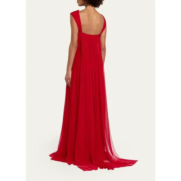 Pamella Roland Sleeveless Ruched Chiffon Cape Gown