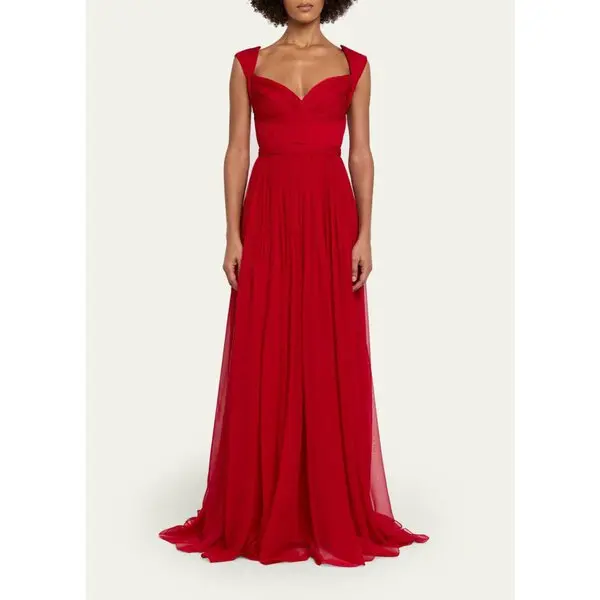 Pamella Roland Sleeveless Ruched Chiffon Cape Gown