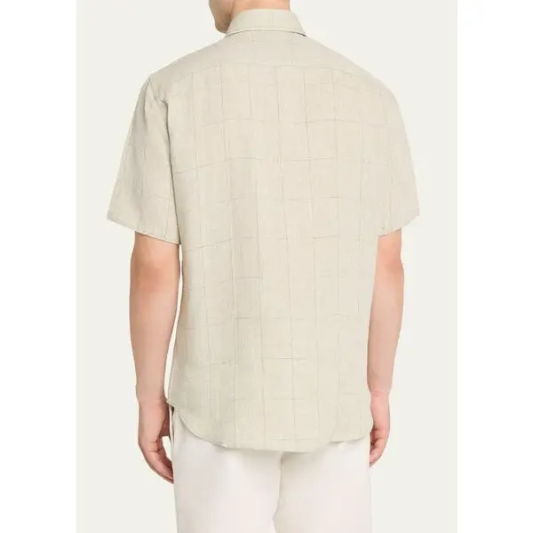 MAURIZIO BALDASSARI Linen Windowpane Check Short-sleeve Shirt
