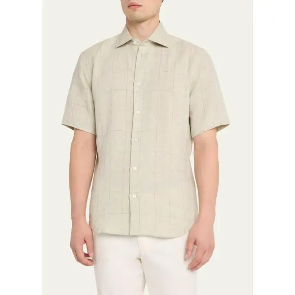 MAURIZIO BALDASSARI Linen Windowpane Check Short-sleeve Shirt