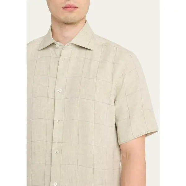 MAURIZIO BALDASSARI Linen Windowpane Check Short-sleeve Shirt